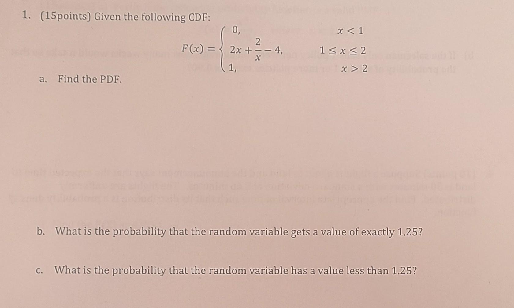 Solved 1. (15points) Given the following CDF: | Chegg.com