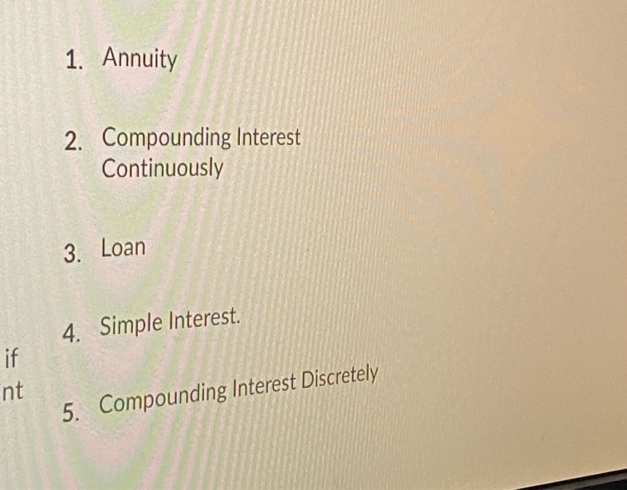 Solved 1. Annuity 2. Compounding Interest Continuously 3. | Chegg.com