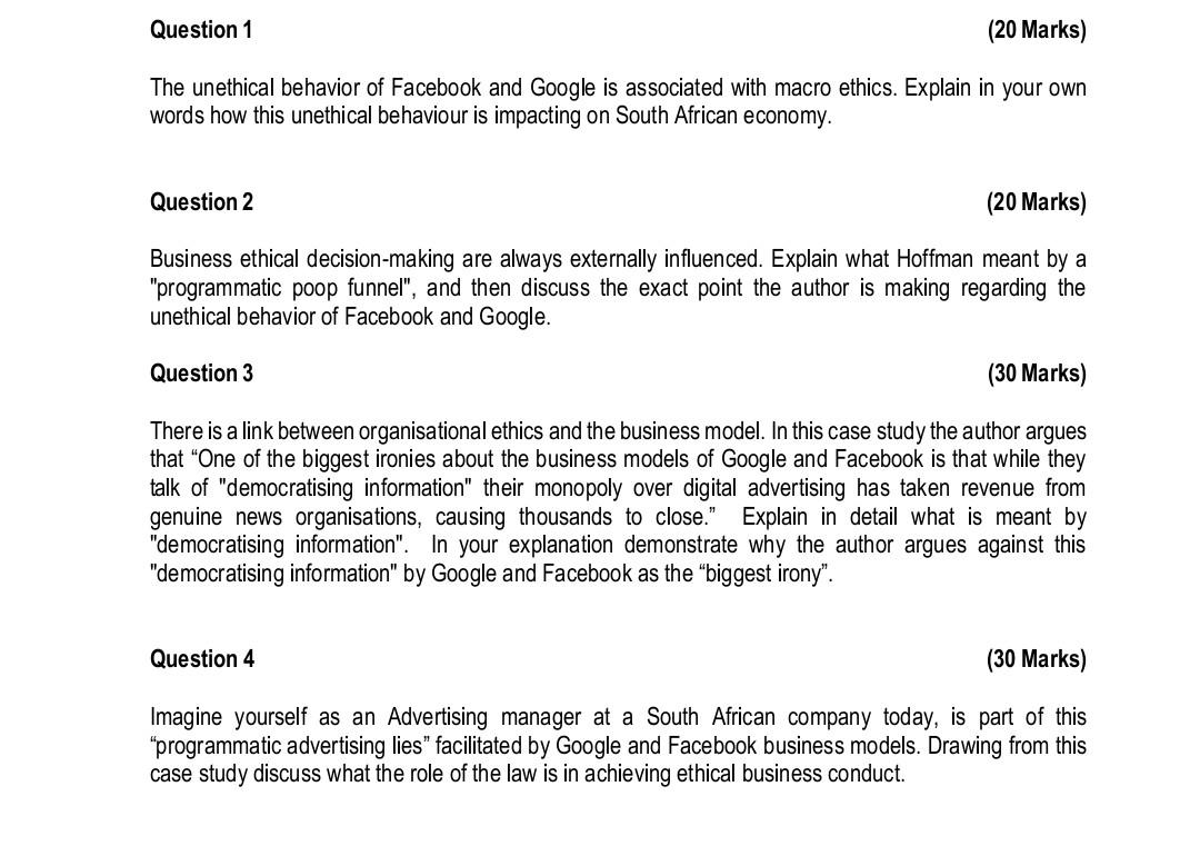 Solved The unethical behavior of Facebook and Google is | Chegg.com