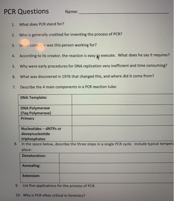 Solved PCR Questions Name: 1. What does PCR stand for? 2. | Chegg.com
