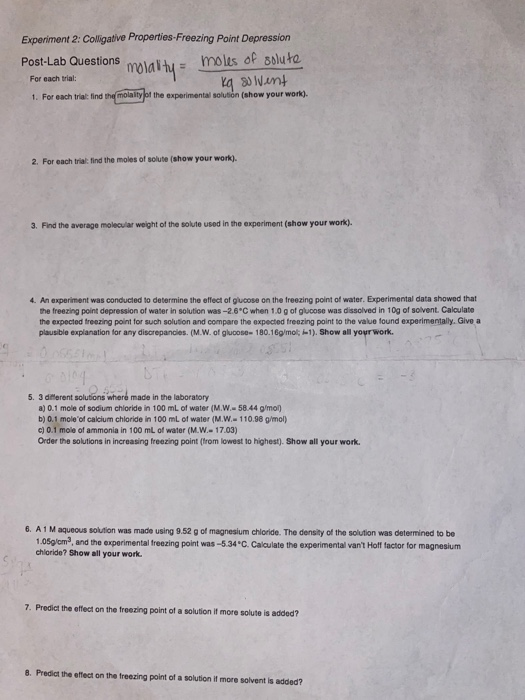 Solved Experiment 2: Colligative Properties-Froozing Point | Chegg.com