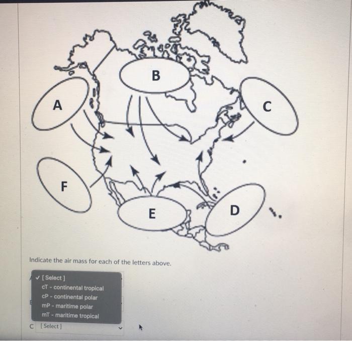 Solved B А А. C F E Indicate the air mass for each of the | Chegg.com