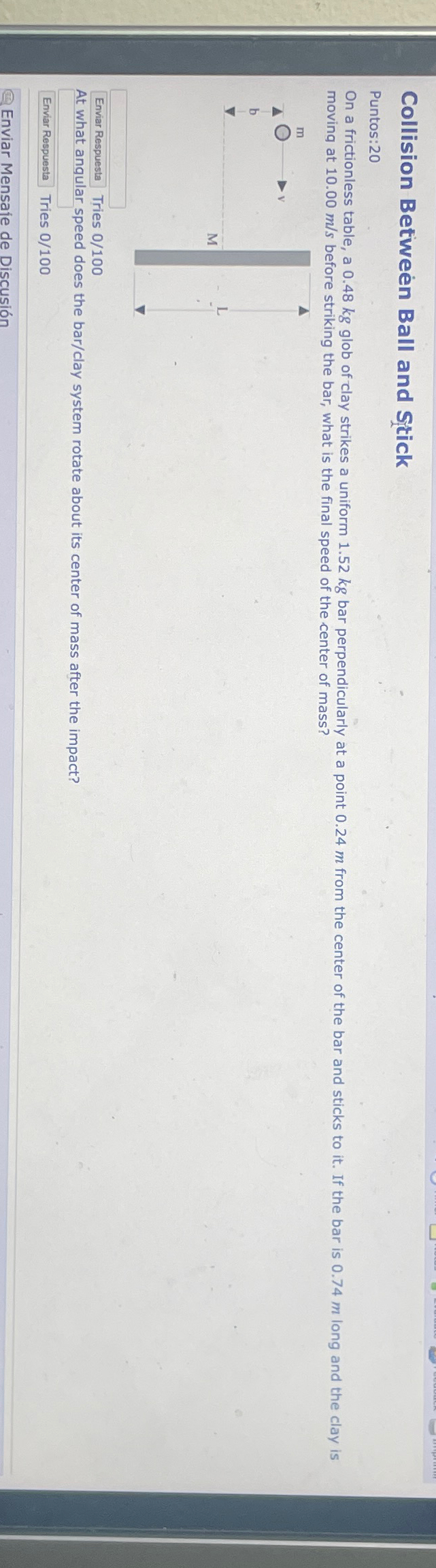 Solved Collision Betweèn Ball and SitickPuntos:20 ﻿moving at | Chegg.com