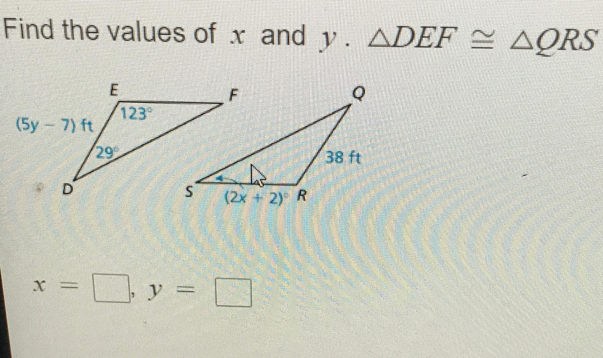Solved Find the values of x ﻿and y.???DEF~????=QRSx=,y= | Chegg.com