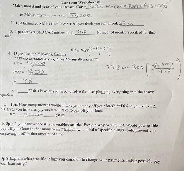 Car Loan Worksheet #1 Make, model and year of your | Chegg.com