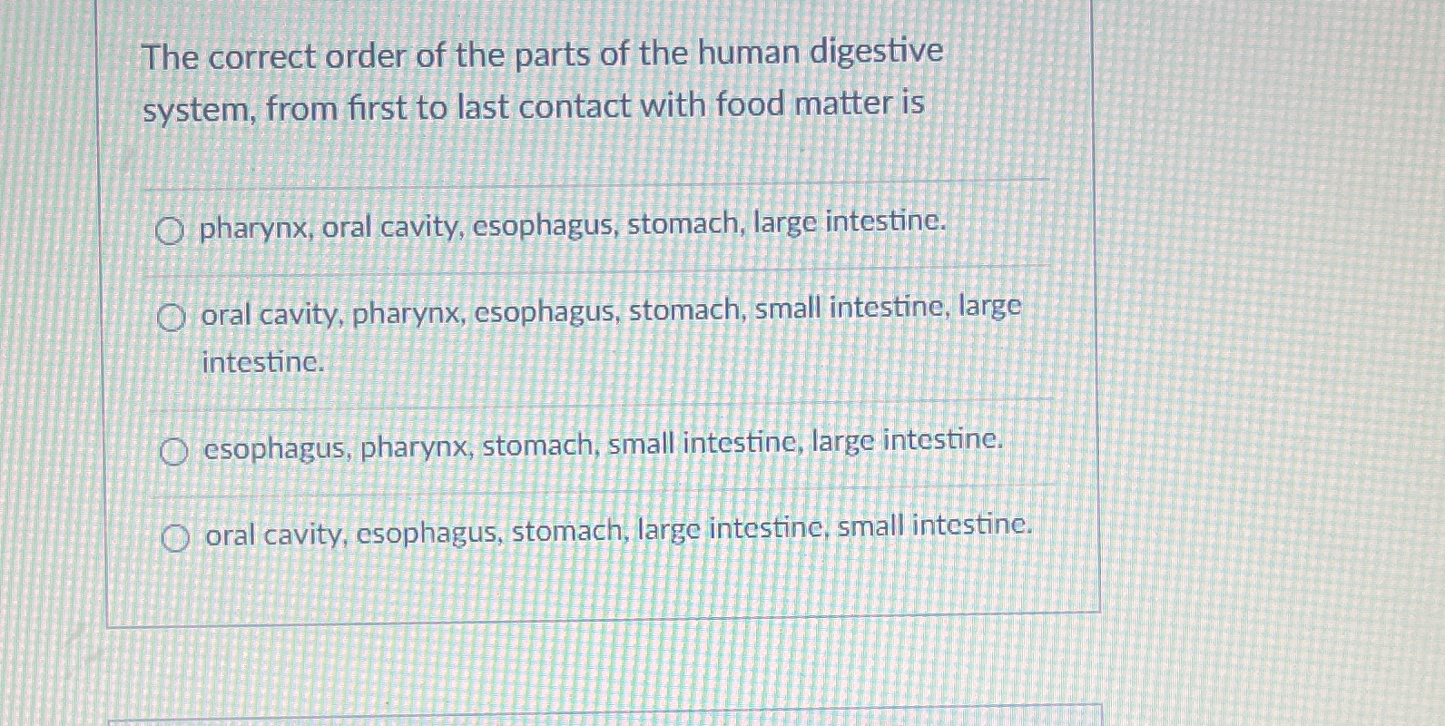 Solved The correct order of the parts of the human digestive | Chegg.com