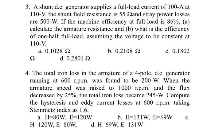 Solved 3. A shunt d.c. generator supplies a full-load | Chegg.com