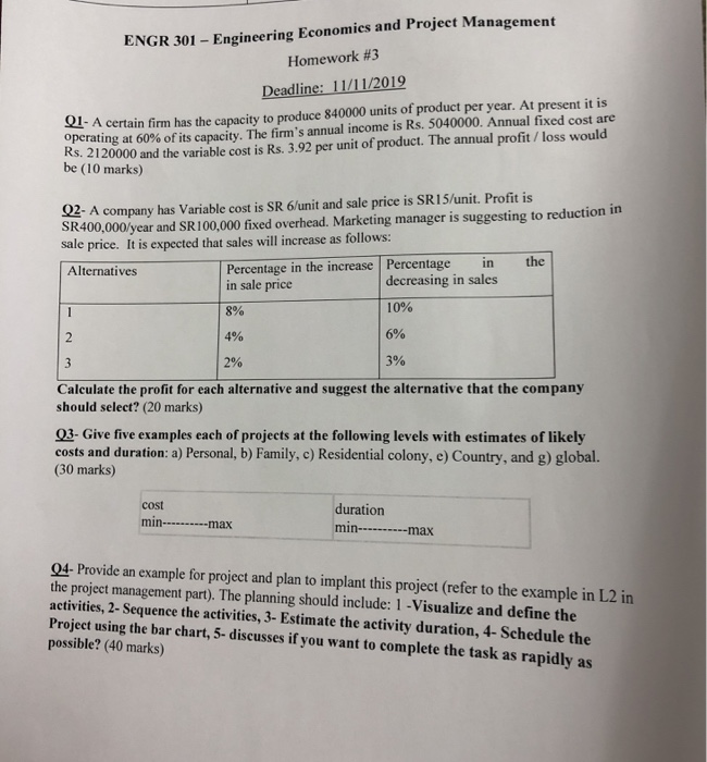 Solved ENGR 301 - Engineering Economics and Project | Chegg.com