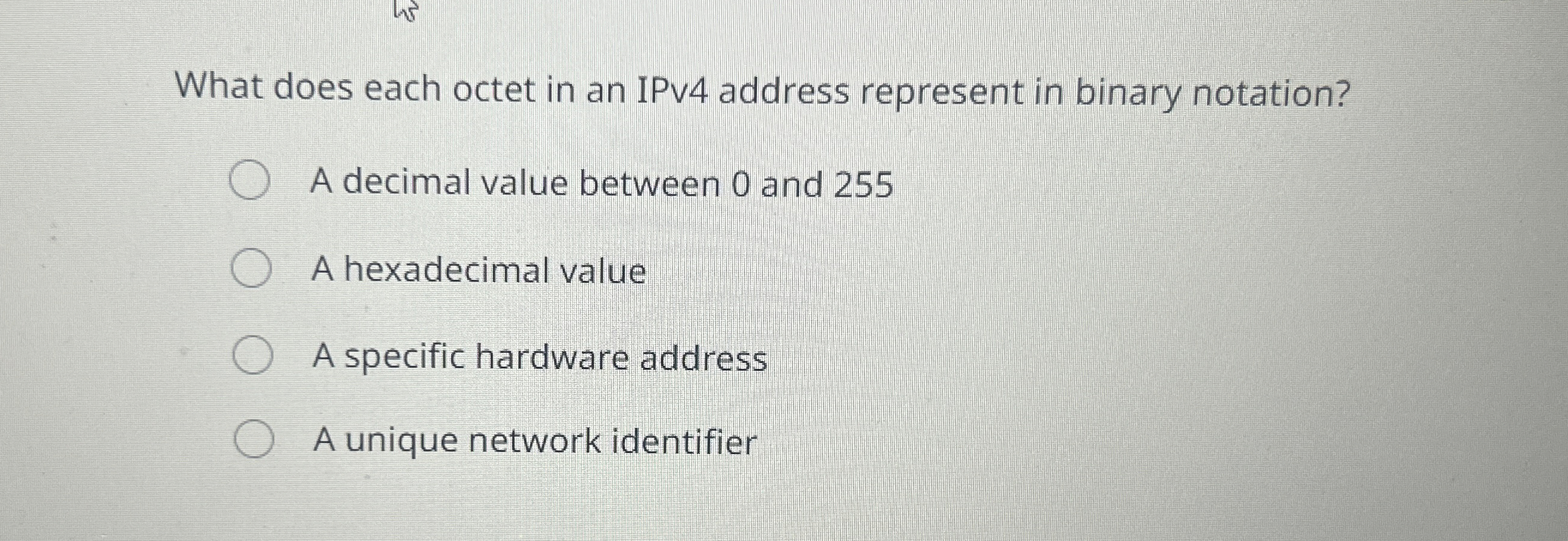 Solved What does each octet in an IPv4 ﻿address represent in | Chegg.com