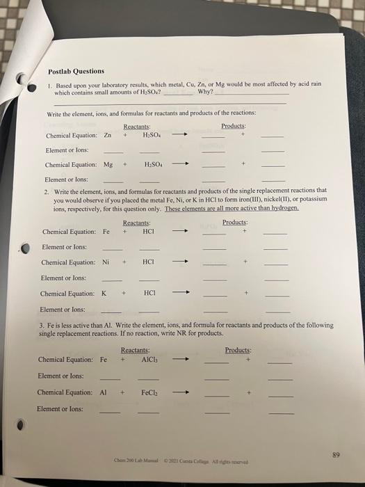 Solved 1. Based upon your laboratory results, which metal, | Chegg.com