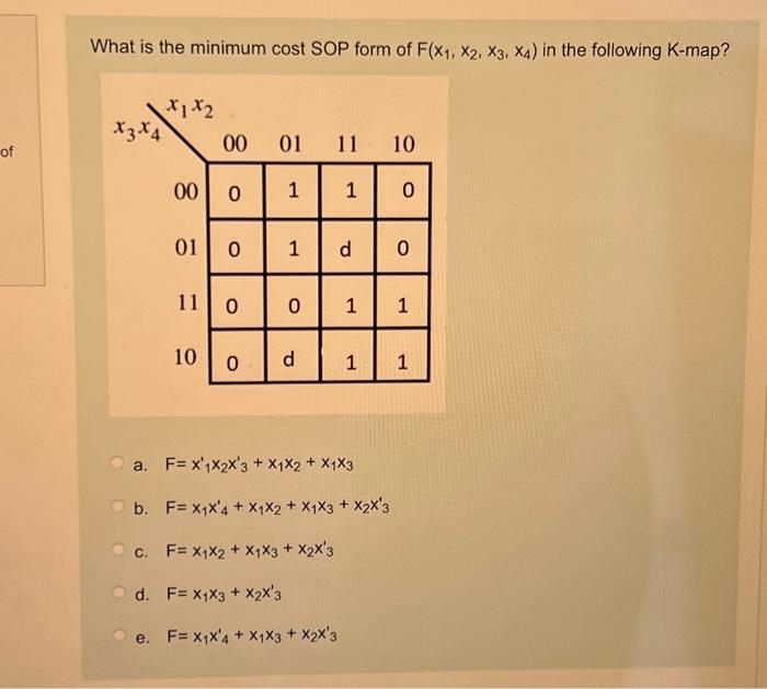 Solved What is the minimum cost SOP form of F(x1,x2,x3,x4) | Chegg.com
