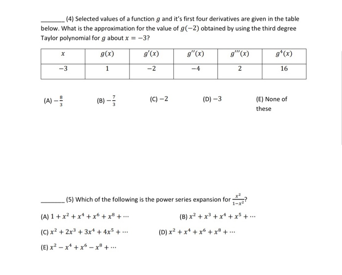 Solved - (4) Selected values of a function g and it's first | Chegg.com