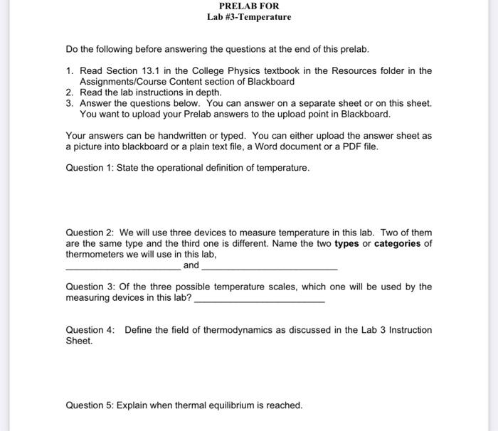 Solved PRELAB FOR Lab #3-Temperature Do the following before | Chegg.com