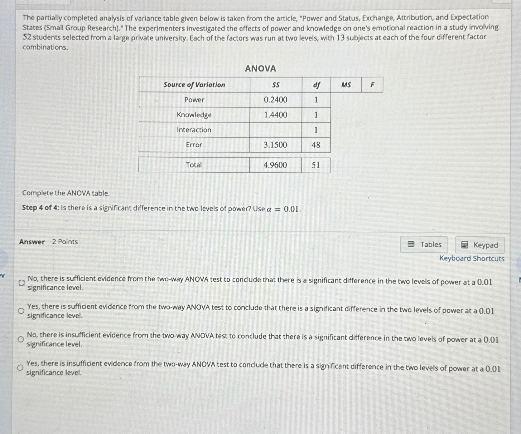 Solved The partially completed analysis of variance table | Chegg.com