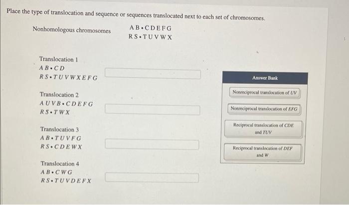 Solved Place the type of translocation and sequence or | Chegg.com