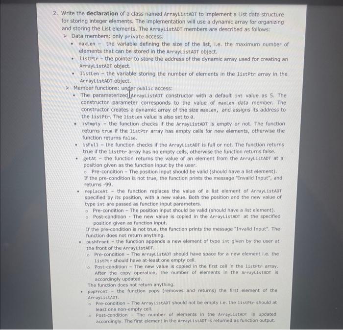 Solved Write the declaration of a class named ArrayListADT | Chegg.com