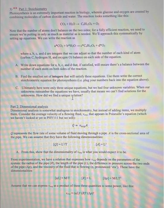 Solved 3) ** Part 1: Stoichiometry Photosynthesis is an | Chegg.com