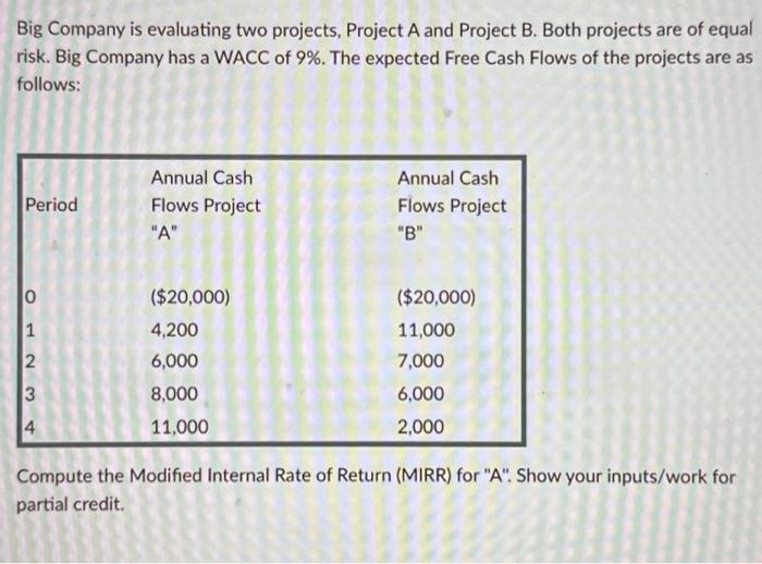 Solved Big Company Is Evaluating Two Projects Project A And