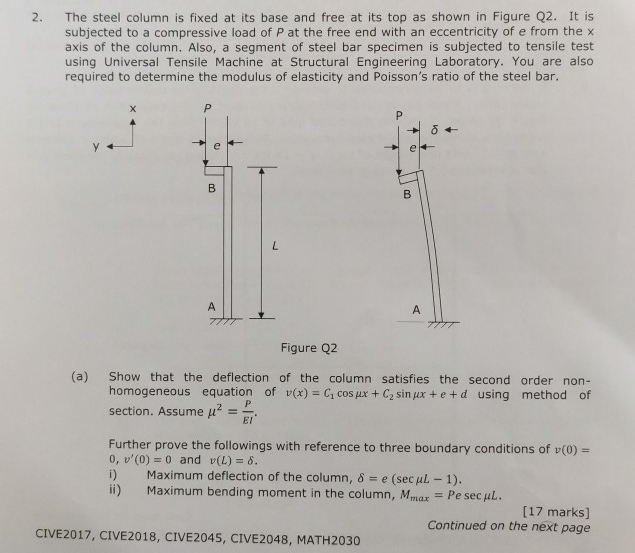 2. The steel column is fixed at its base and free at | Chegg.com