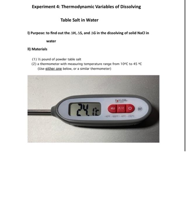 Experiment 4: Thermodynamic Variables of Dissolving | Chegg.com