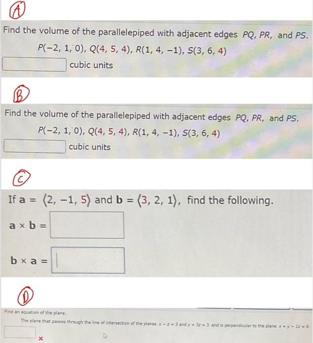 Solved A Find the volume of the parallelepiped with adjacent | Chegg.com