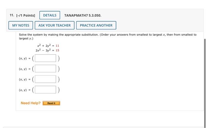 Solved 11. (-/1 Points) DETAILS TANAPMATH7 5.3.050. MY NOTES | Chegg.com Solved 11. (-/1 Points) DETAILS TANAPMATH7 5.3.050. MY NOTES | Chegg.com