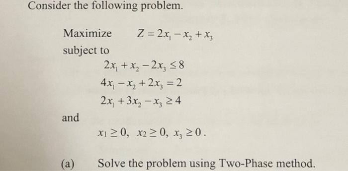 Solved Consider the following problem. Maximize Z=2x1−x2+x3 | Chegg.com