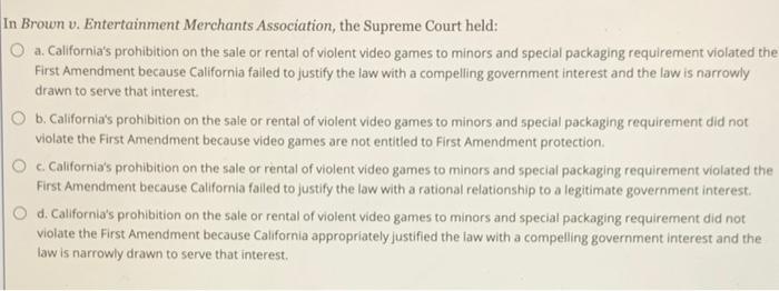 Solved In Brown v. Entertainment Merchants Association, the | Chegg.com