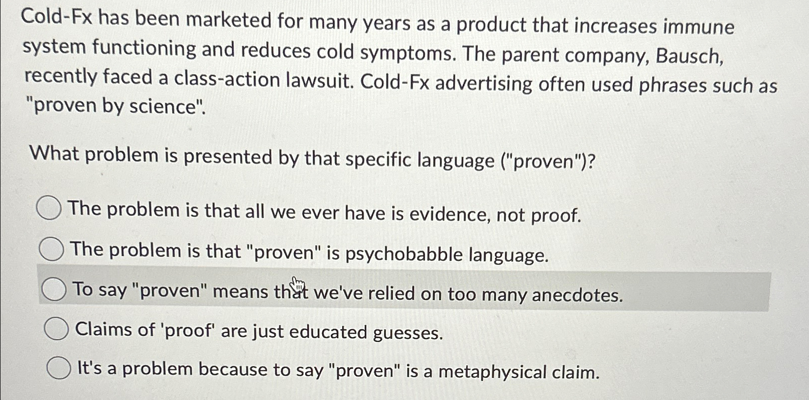 Solved Cold-Fx has been marketed for many years as a product | Chegg.com