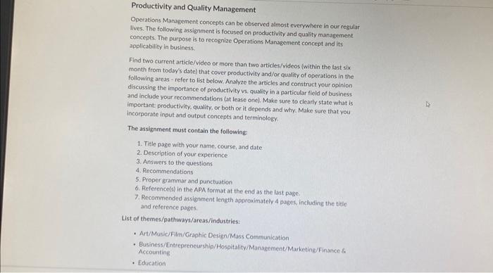 Solved Productivity and Quality Management Operations | Chegg.com