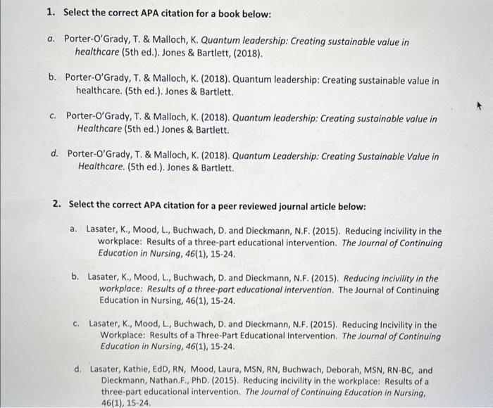 Solved 1. Select the correct APA citation for a book below: | Chegg.com