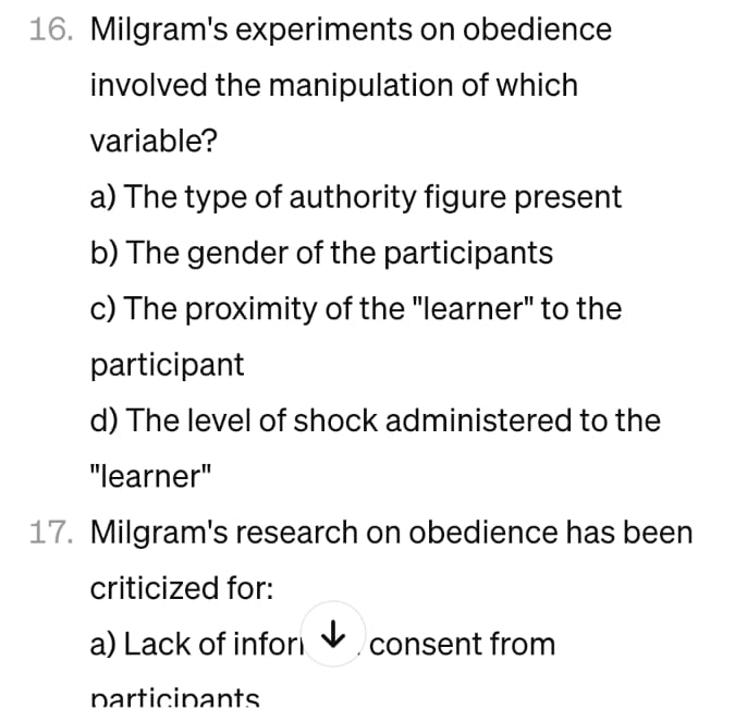Solved Milgram's experiments on obedience involved the | Chegg.com