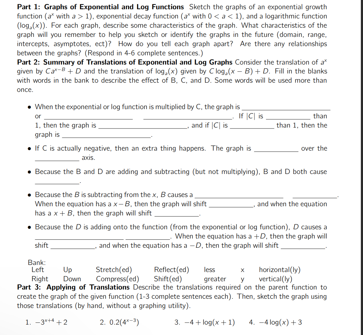 Solved Part 1: Graphs of Exponential and Log Functions | Chegg.com