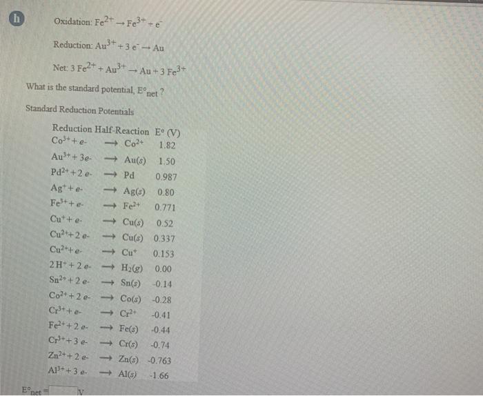 Solved h Oxidation: Fe2+ - Fe3+ -e Reduction: Au++36 - Au | Chegg.com