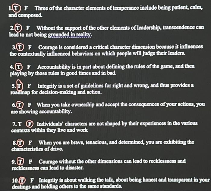 Solved 1.T F Three of the character elements of temperance | Chegg.com