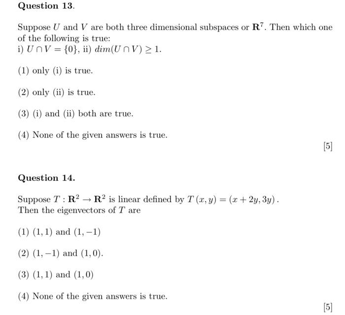 Solved Suppose U and V are both three dimensional subspaces | Chegg.com