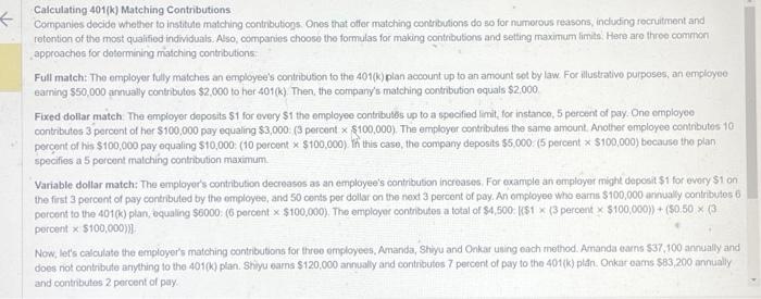 Solved Calculating 401(k) Matching Contributions Companies | Chegg.com