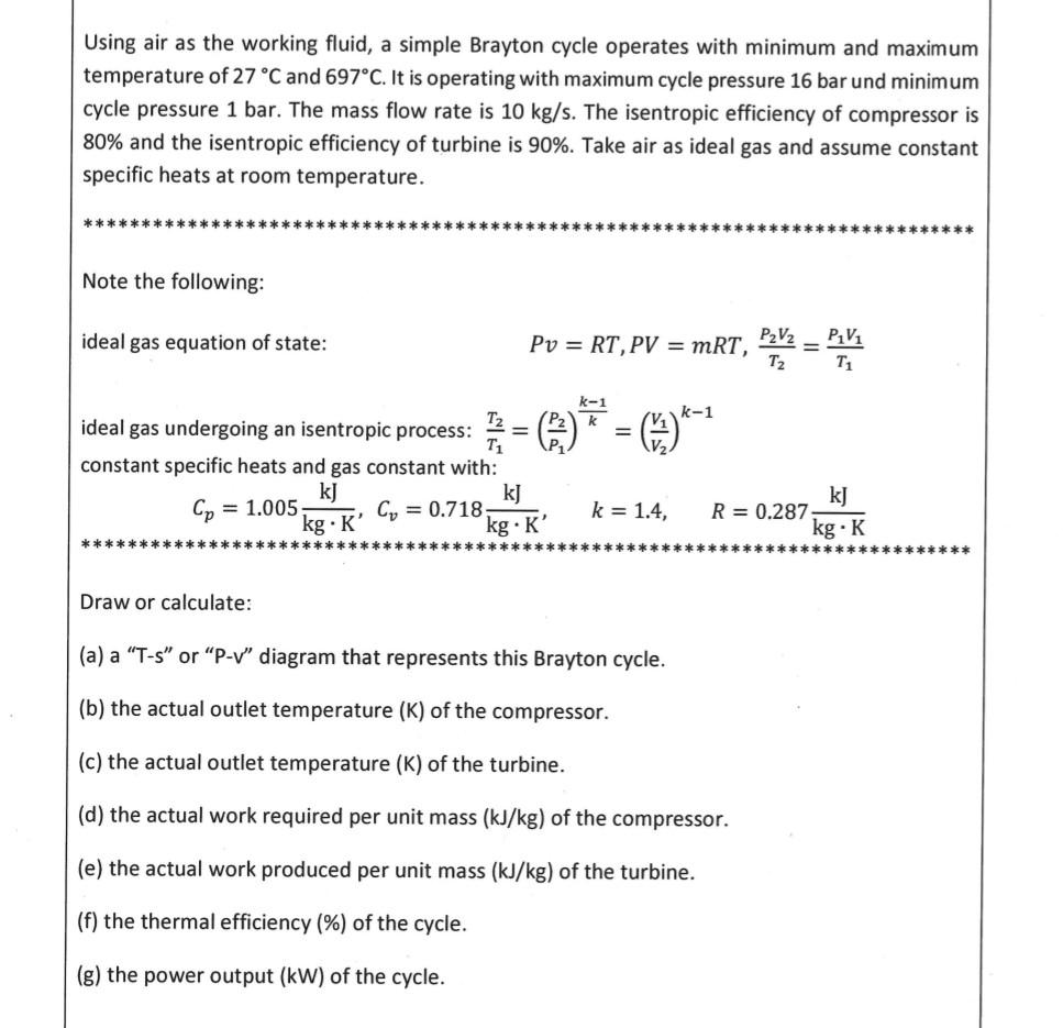 Solved Using air as the working fluid, a simple Brayton | Chegg.com