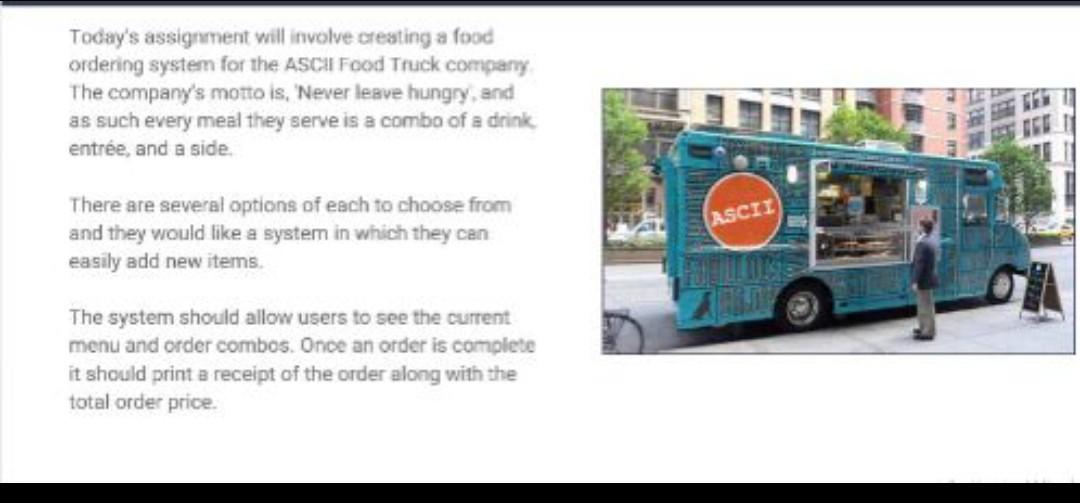 Solved Today's assignment will involve creating a food | Chegg.com