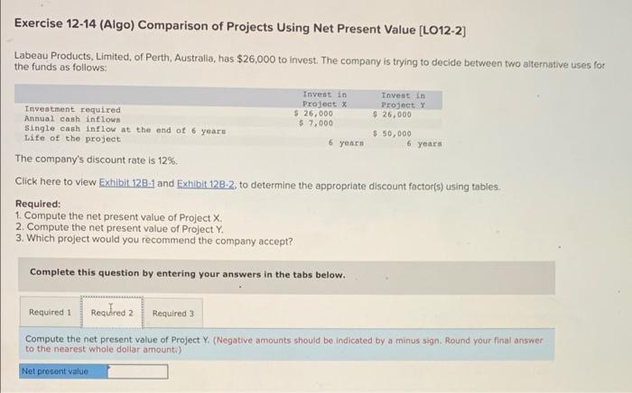 Solved Exercise 12-14 (Algo) Comparison of Projects Using | Chegg.com