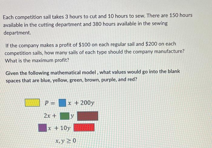 Solved Each competition sail takes 3 hours to cut and 10 | Chegg.com