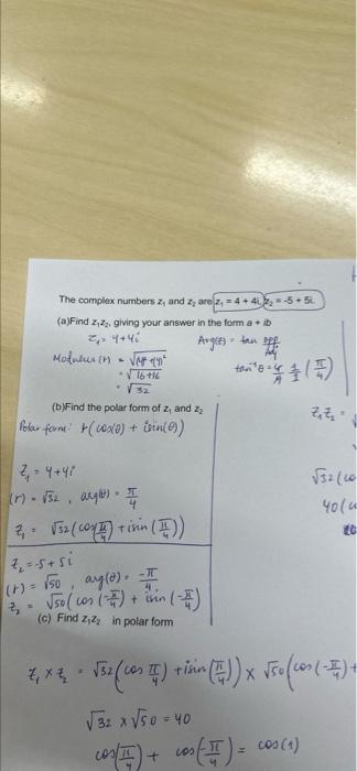 Solved The complex numbers z₁ and z₂ arez₁ = 4 + 4i, 2₂ = -5 | Chegg.com