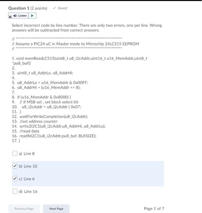 Question 1 (2 points) Saved Select incorrect code by | Chegg.com Question 1 (2 points) Saved Select incorrect code by | Chegg.com