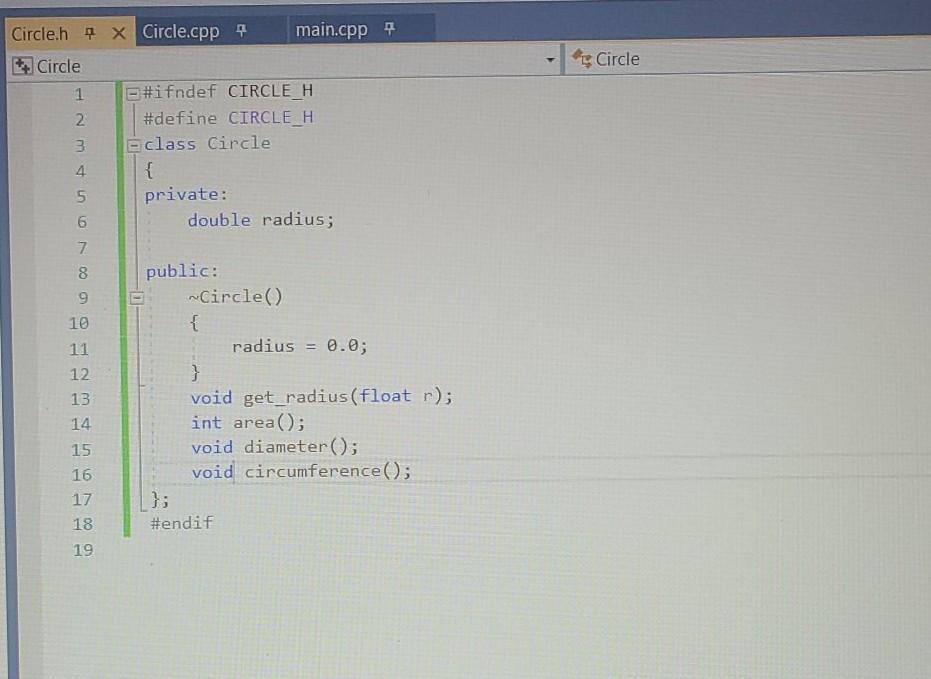 Solved Circle.h 7 * Circle 1 2. 3 4 5 Circle.cpp 4 main.cpp | Chegg.com