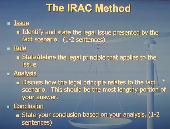 Solved The IRAC Method - Issue - Identify and state the | Chegg.com
