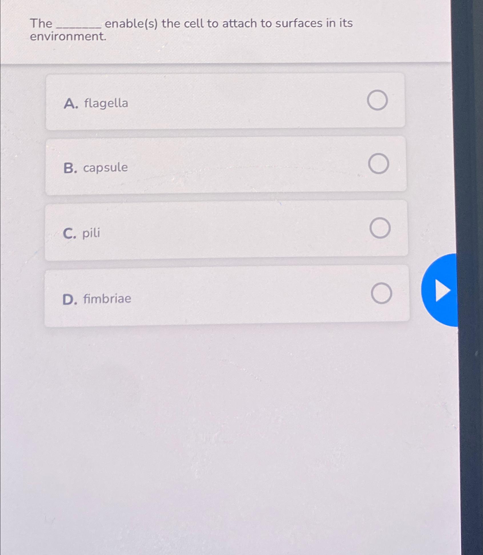 Solved The enable(s) ﻿the cell to attach to surfaces in its | Chegg.com