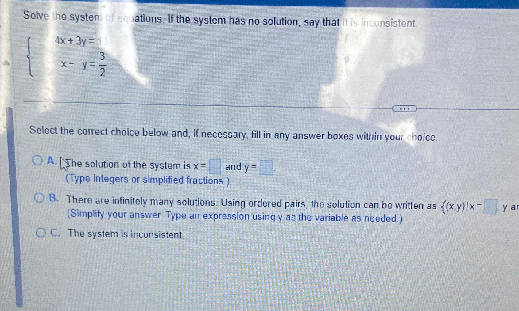 Solved Solve the system of equations. If the system has no | Chegg.com