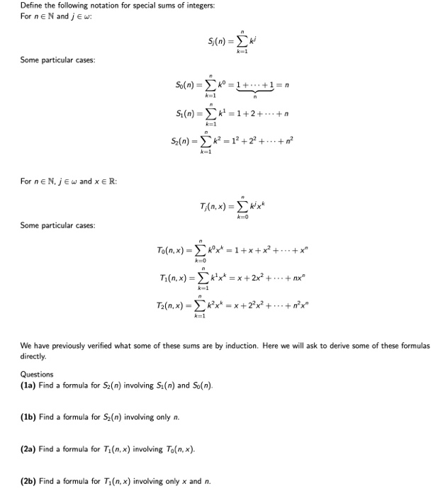 Solved Define the following notation for special sums of | Chegg.com