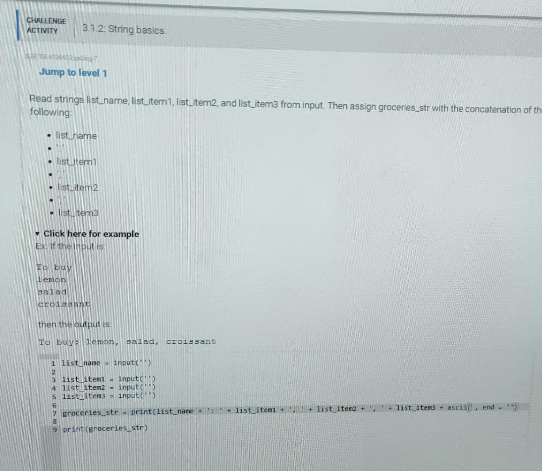 Solved CHALIENGEACTIVITY3.1.2: String basics.Jump to level | Chegg.com