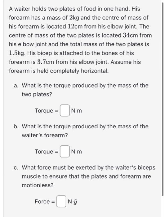 Solved A waiter holds two plates of food in one hand. His | Chegg.com